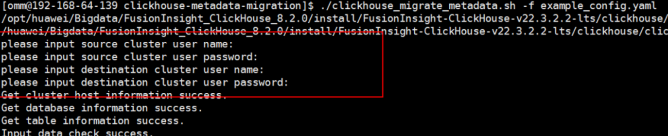 Enter the usernames and passwords of the source and destination clusters.